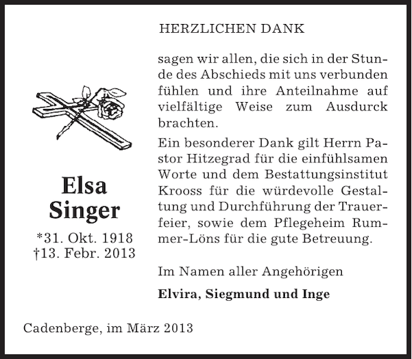 Elsa Singer: Danksagung : Cuxhavener Nachrichten