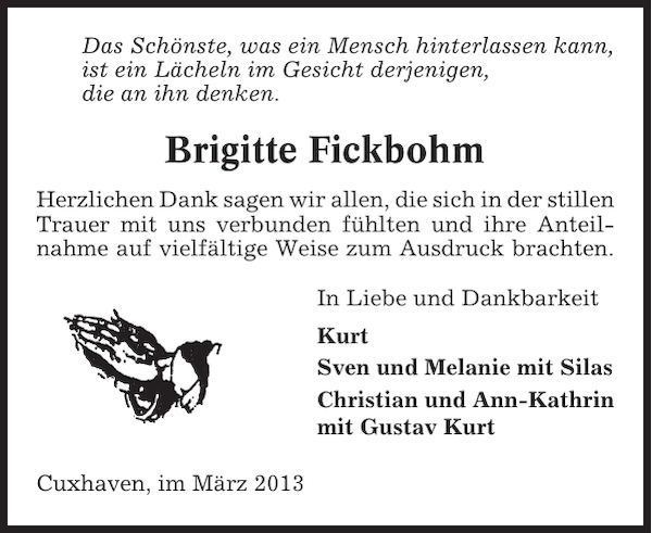 Brigitte Fickbohm: Danksagung : Cuxhavener Nachrichten
