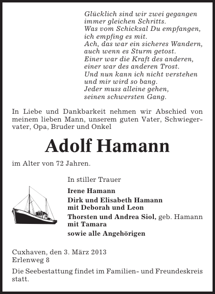 Adolf Hamann: Traueranzeige : Cuxhavener Nachrichten