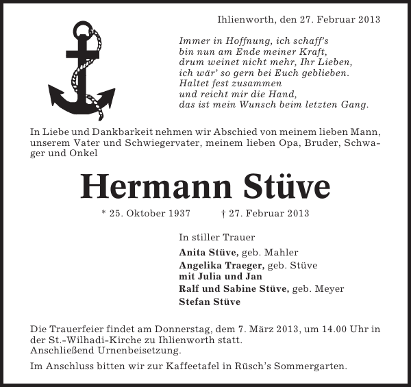 Hermann Stüve : Traueranzeige : Cuxhavener Nachrichten