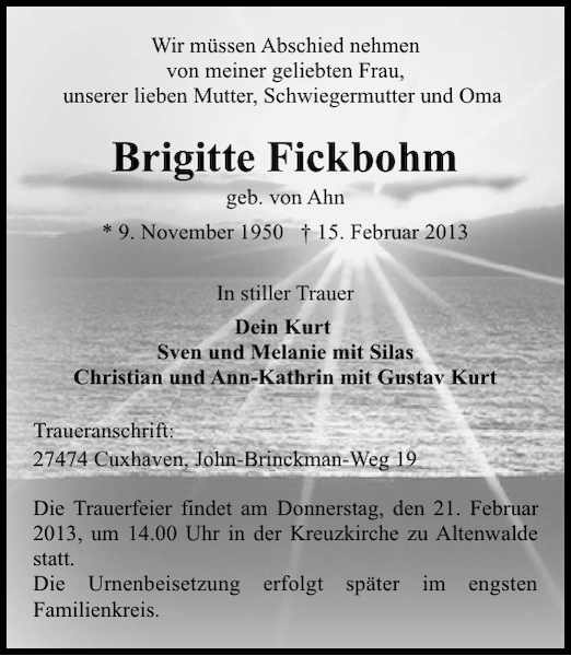 Brigitte Fickbohm: Traueranzeige : Cuxhavener Nachrichten
