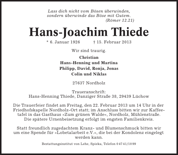 Hans-Joachim Thiede: Traueranzeige : Cuxhavener Nachrichten