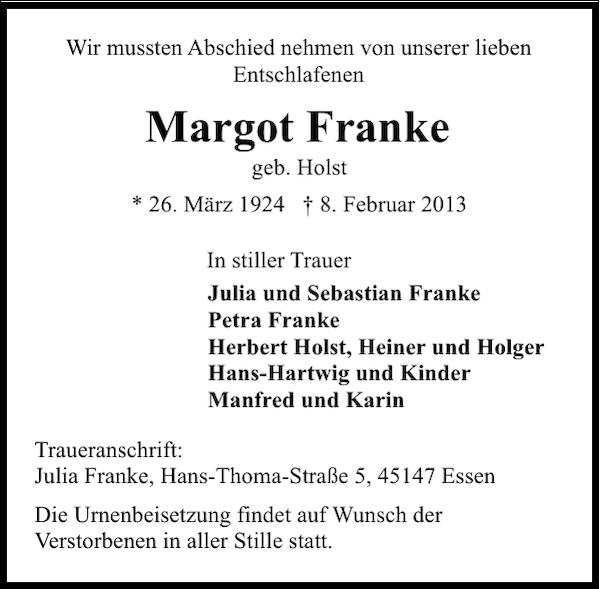 Margot Franke: Traueranzeige : Cuxhavener Nachrichten