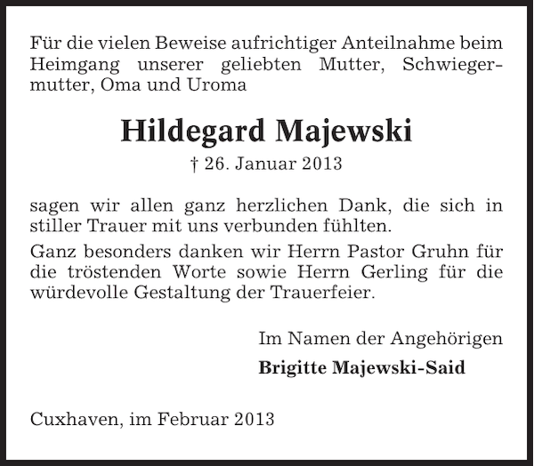 Hildegard Majewski: Gedenken : Cuxhavener Nachrichten