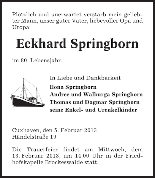 Eckhard Springborn: Traueranzeige : Cuxhavener Nachrichten