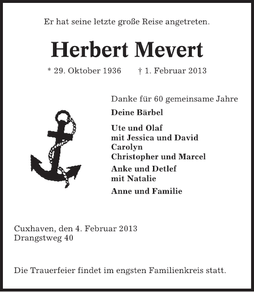Herbert Mevert: Traueranzeige : Cuxhavener Nachrichten