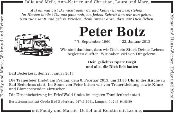 Peter Botz: Traueranzeige : Cuxhavener Nachrichten