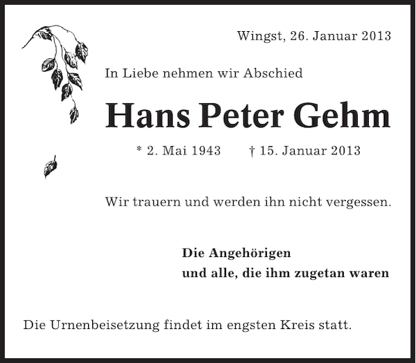 Hans Peter Gehm: Traueranzeige : Cuxhavener Nachrichten