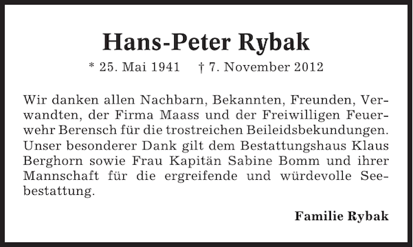 Hans-Peter Rybak: Danksagung : Cuxhavener Nachrichten