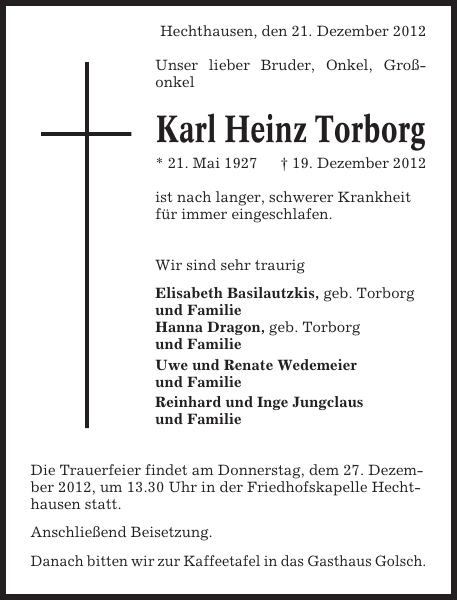 Karl Heinz Torborg: Traueranzeige : Cuxhavener Nachrichten