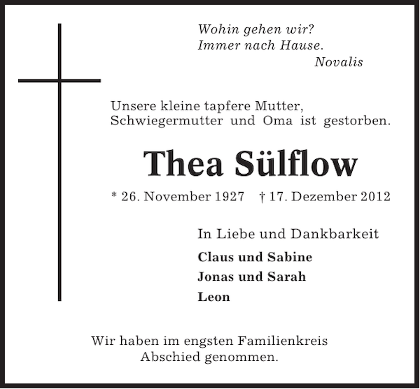 Thea Sülflow: Traueranzeige : Cuxhavener Nachrichten