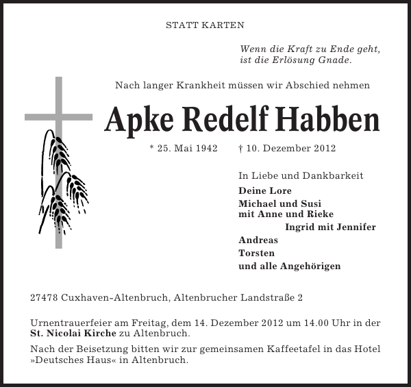 Apke Redelf Habben: Traueranzeige : Cuxhavener Nachrichten