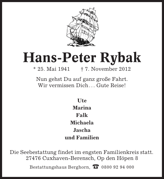 Hans-Peter Rybak: Traueranzeige : Cuxhavener Nachrichten