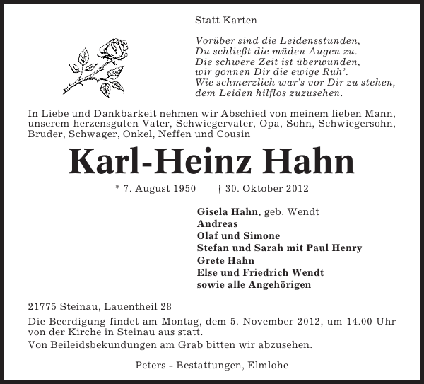 Karl-Heinz Hahn : Traueranzeige : Cuxhavener Nachrichten