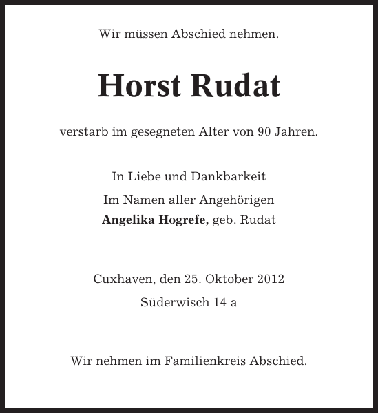 Horst Rudat: Traueranzeige : Cuxhavener Nachrichten