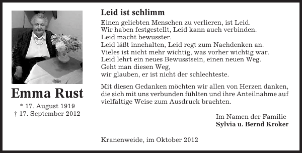 Emma Rust: Danksagung : Cuxhavener Nachrichten