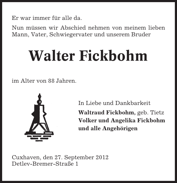 Walter Fickbohm: Traueranzeige : Cuxhavener Nachrichten