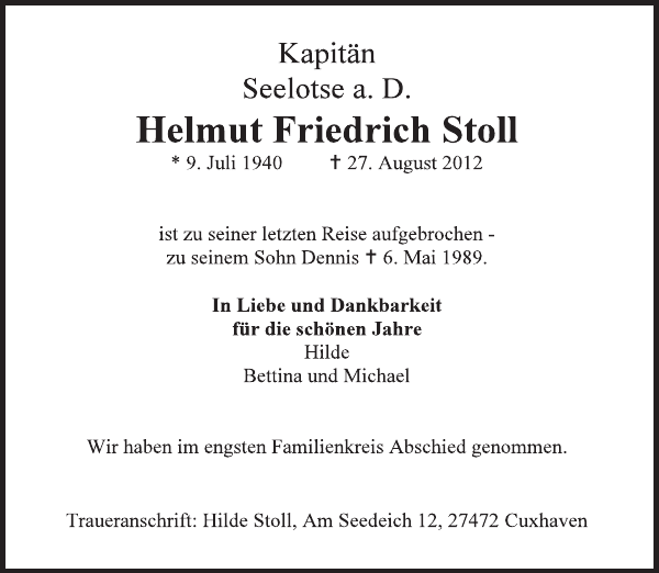 Helmut Stoll: Traueranzeige : Cuxhavener Nachrichten