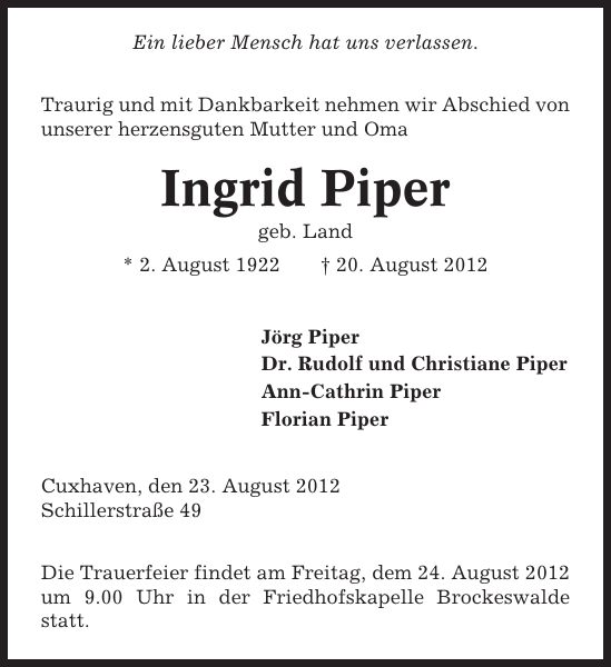 Ingrid Piper: Traueranzeige : Cuxhavener Nachrichten
