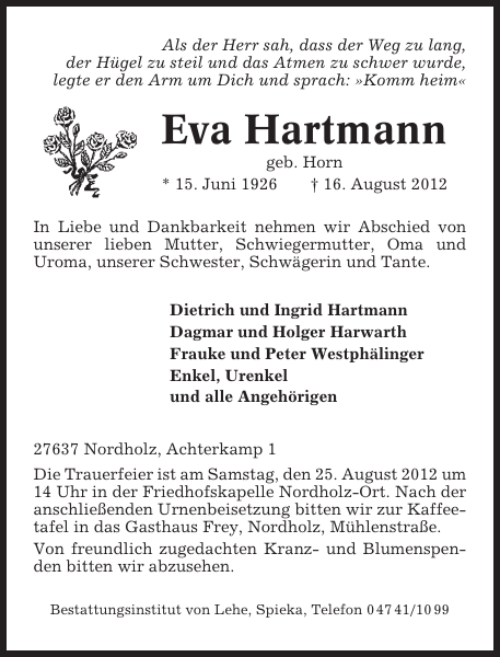 Eva Hartmann: Traueranzeige : Cuxhavener Nachrichten