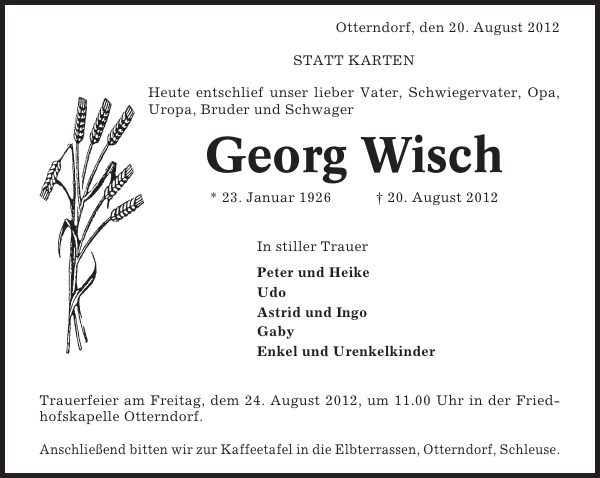 Georg Wisch : Traueranzeige : Cuxhavener Nachrichten