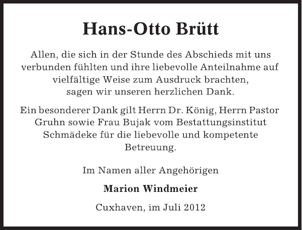 Hans-Otto Brütt: Gedenken : Cuxhavener Nachrichten