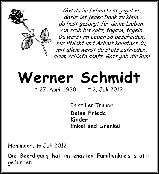 Werner Schmidt: Traueranzeige : Cuxhavener Nachrichten