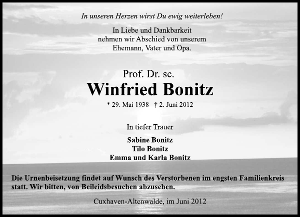 Winfried Bonitz: Traueranzeige : Cuxhavener Nachrichten