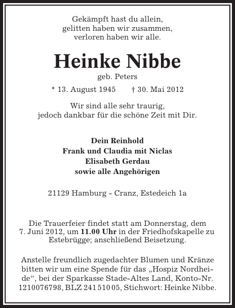 Heinke Nibbe : Traueranzeige : Cuxhavener Nachrichten