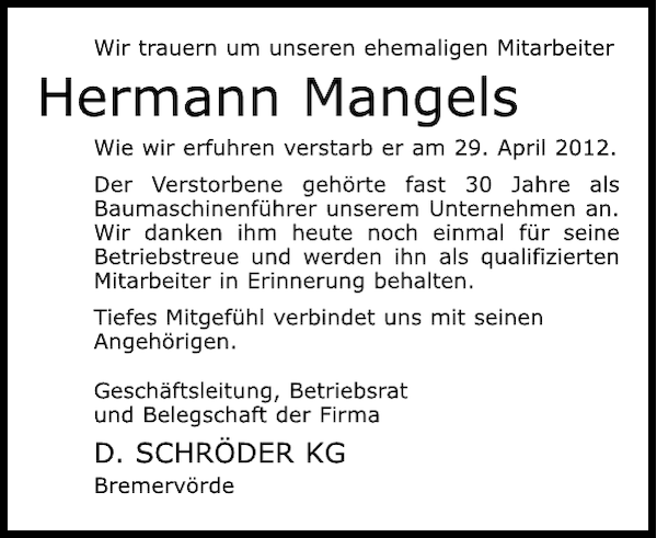Hermann Mangels : Gedenken : Cuxhavener Nachrichten