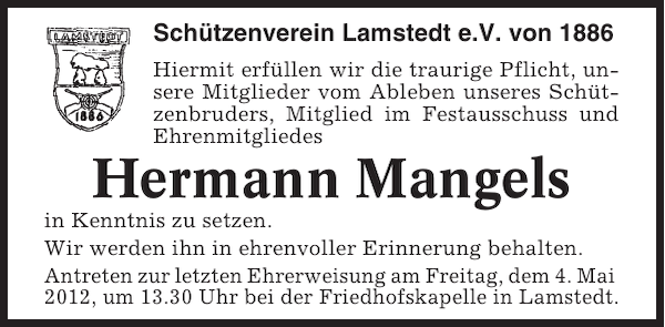 Hermann Mangels: Gedenken : Cuxhavener Nachrichten