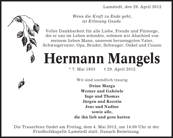 Hermann Mangels: Traueranzeige : Cuxhavener Nachrichten