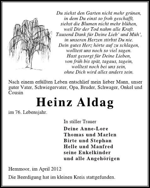 Heinz Aldag: Traueranzeige : Cuxhavener Nachrichten