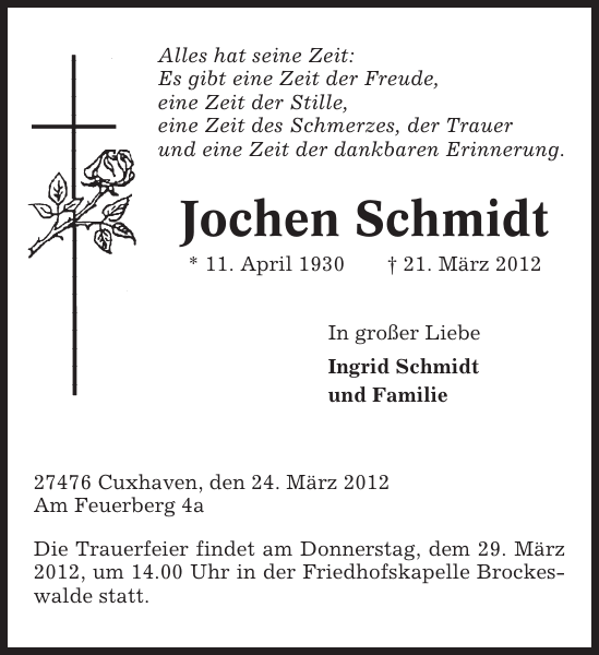 Jochen Schmidt : Traueranzeige : Cuxhavener Nachrichten