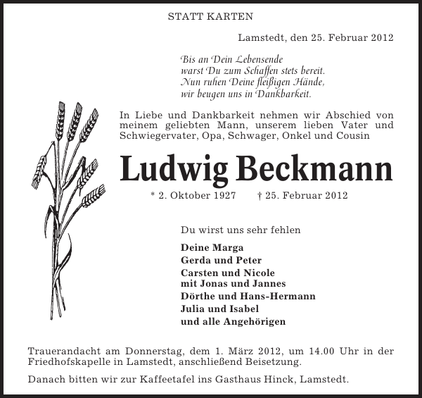 Ludwig Beckmann: Traueranzeige : Cuxhavener Nachrichten