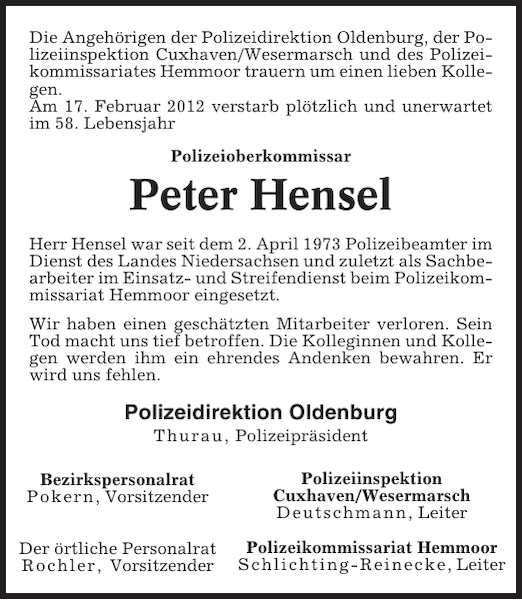 Peter Hensel: Gedenken : Cuxhavener Nachrichten