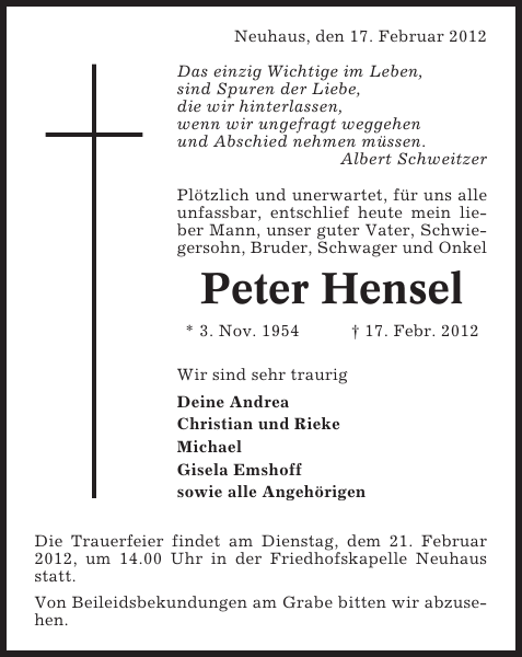 Peter Hensel : Traueranzeige : Cuxhavener Nachrichten