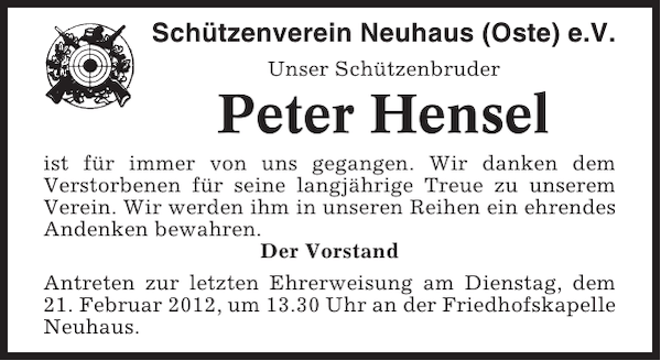 Peter Hensel: Gedenken : Cuxhavener Nachrichten