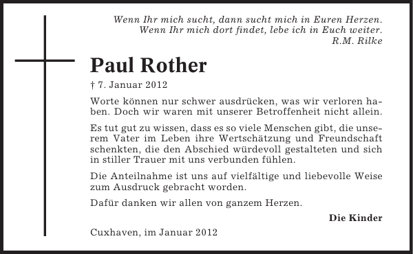 Paul Rother: Danksagung : Cuxhavener Nachrichten
