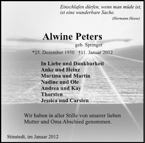 Alwine Peters: Traueranzeige : Cuxhavener Nachrichten