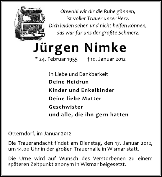 Jürgen Nimke: Traueranzeige : Cuxhavener Nachrichten