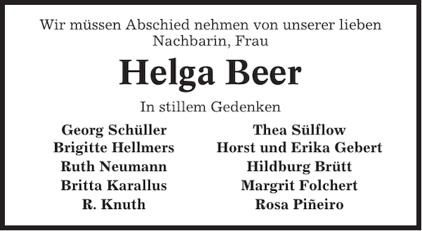 Helga Beer : Gedenken : Cuxhavener Nachrichten