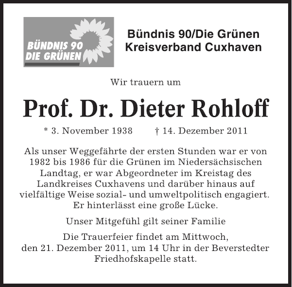 Prof. Dr. Dieter Rohloff : Traueranzeige : Cuxhavener Nachrichten