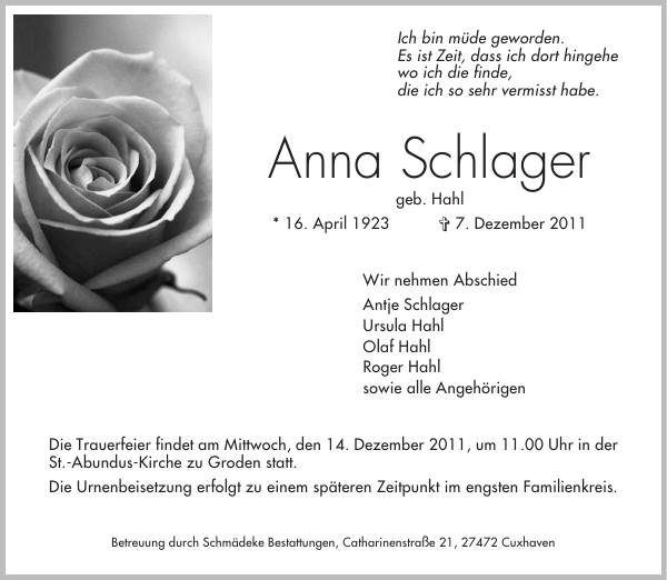 Anna Schlager: Traueranzeige : Cuxhavener Nachrichten