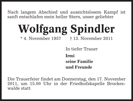 Wolfgang Spindler : Traueranzeige : Cuxhavener Nachrichten