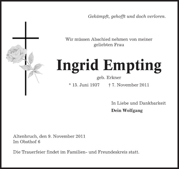 Ingrid Empting: Traueranzeige : Cuxhavener Nachrichten