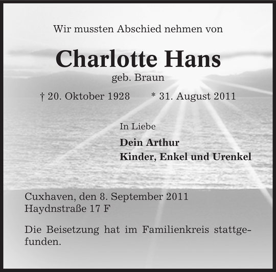Charlotte Hans: Death : Cuxhavener Nachrichten