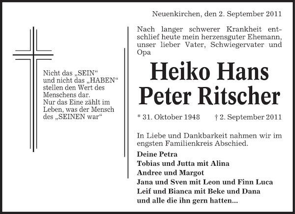Heiko Hans Peter Ritscher: Traueranzeige : Cuxhavener Nachrichten