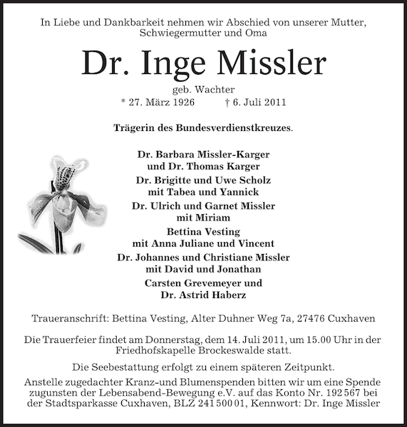 Dr. Inge Missler: Traueranzeige : Cuxhavener Nachrichten