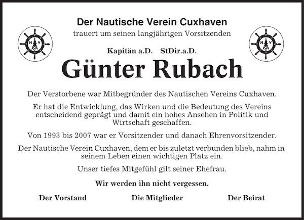 Günter Rubach: Gedenken : Cuxhavener Nachrichten